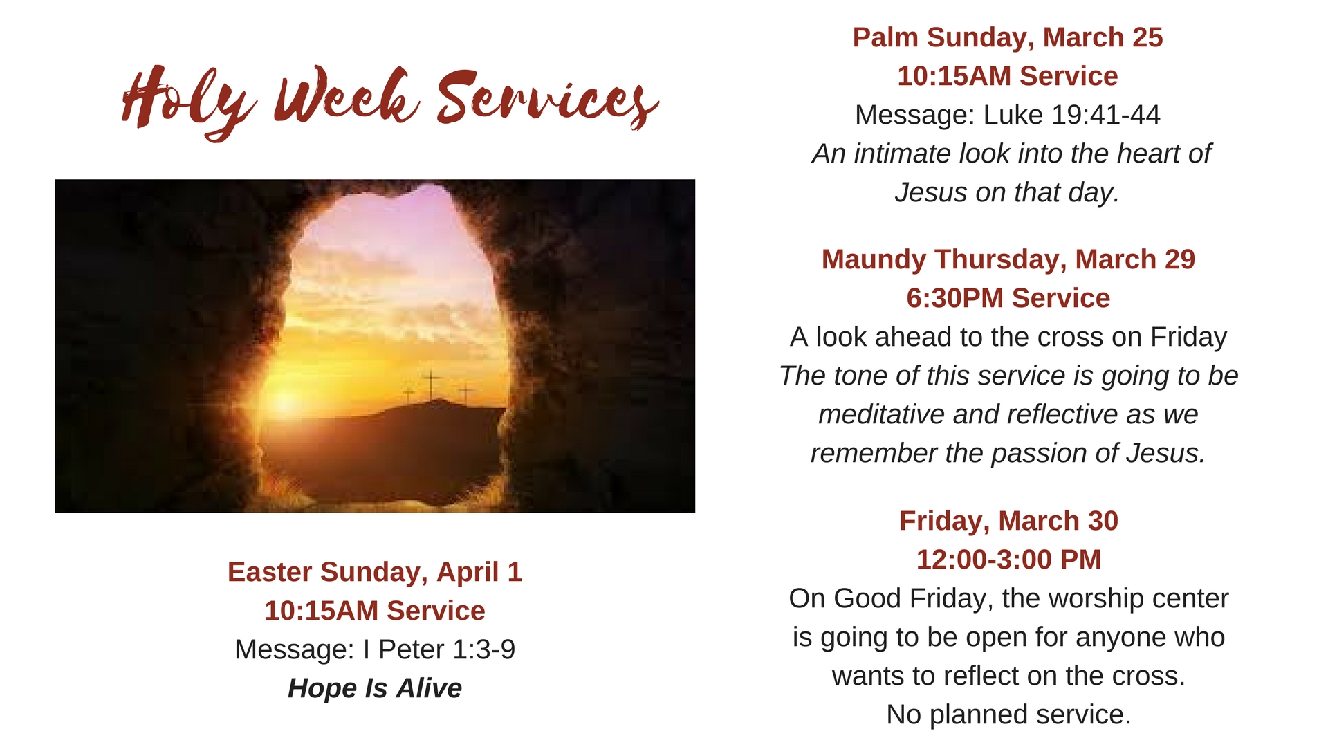 Holy Week Schedule – Mountain View Church of Glenwood
